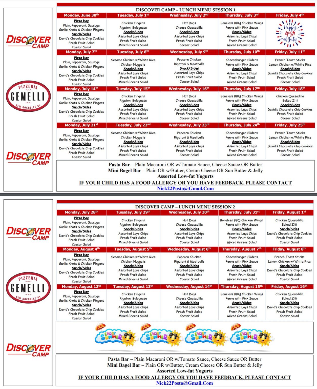 Lunch Menus – Discover Camp